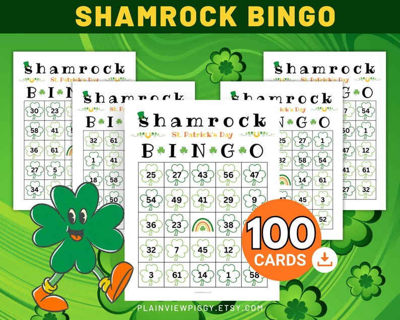 100 St. Patrick's Day Shamrock Bingo Cards, Kids Party Game (digital ...