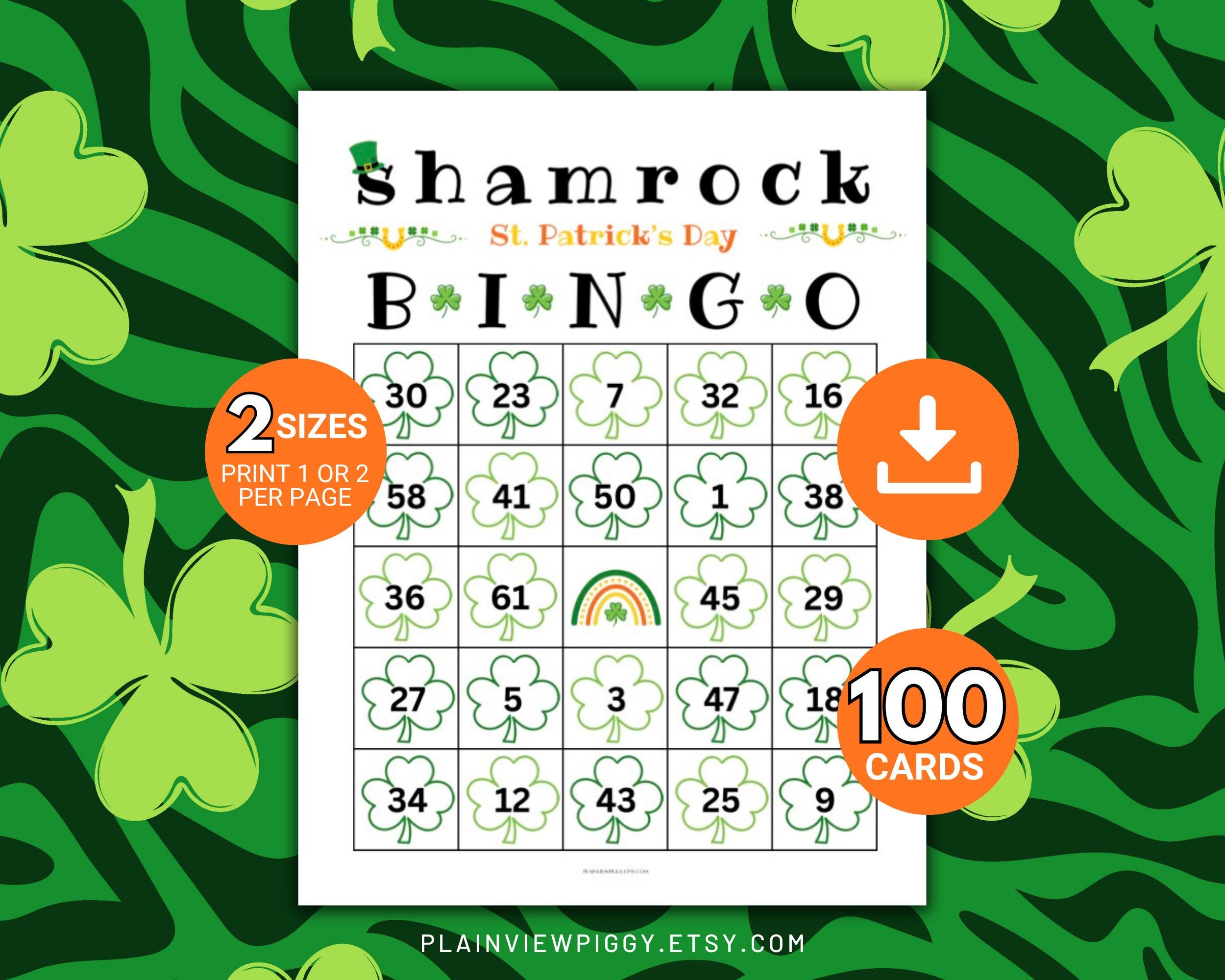 100 St. Patrick's Day Shamrock Bingo Cards, Kids Party Game (digital ...