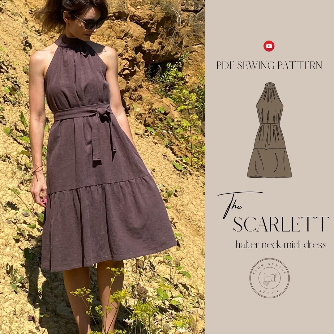 Halter Neck Midi Dress Digital Sewing Pattern Flowy Summer Dress Sewing ...