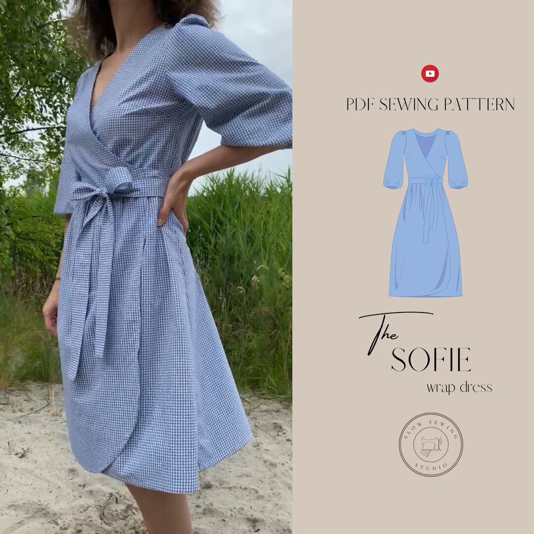 DIY Wrap Dress PDF Sewing Pattern Puff Sleeve Dress Pattern Women Midi ...
