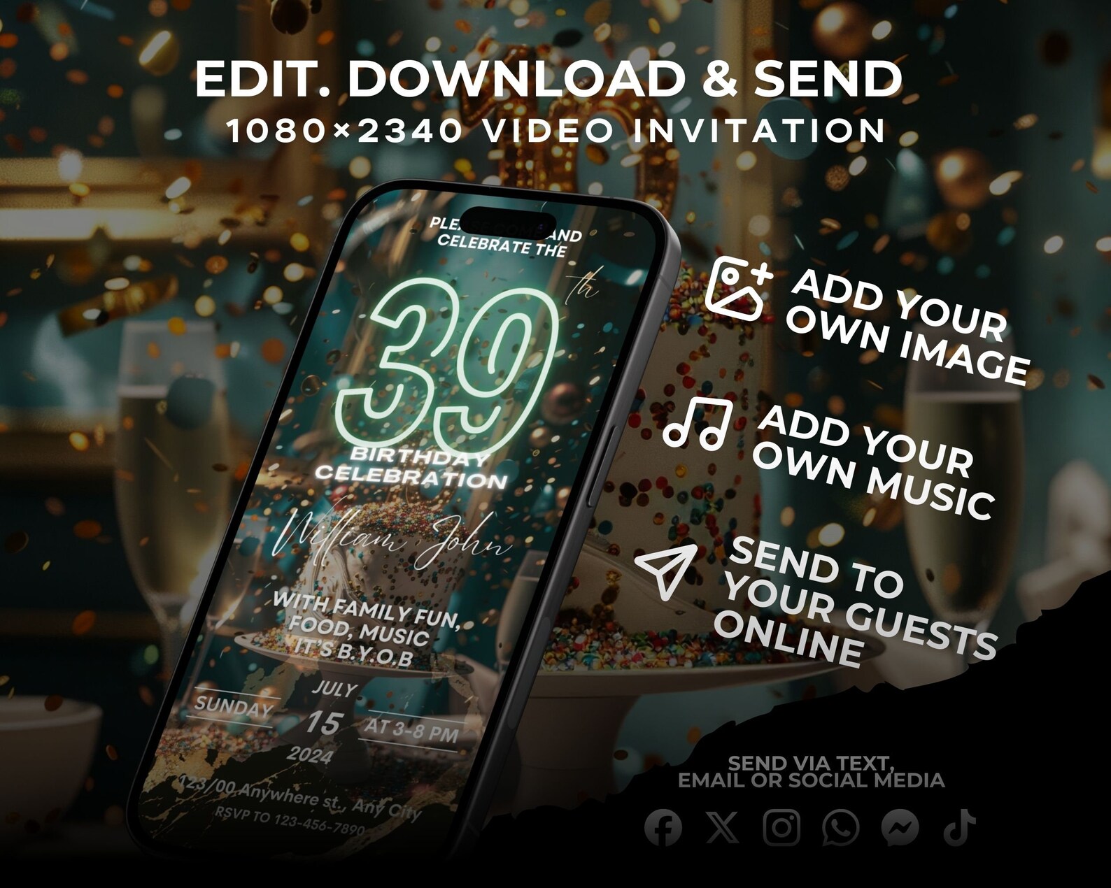 Animate Digital 39th Birthday Party Invitation, Thirty Nine Birthday ...