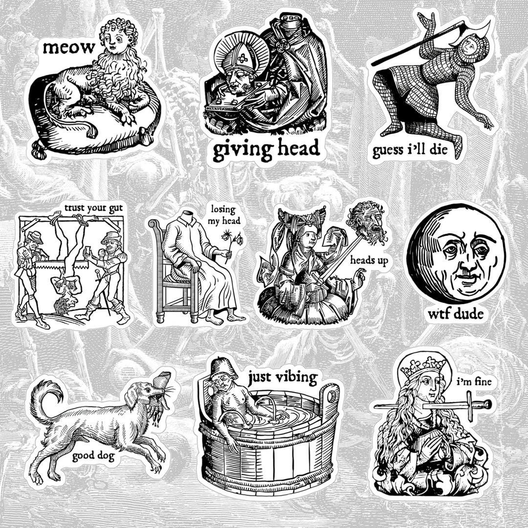 Sarcastic Middle Ages Sticker Set, Hand Drawn Medieval Woodcut Stickers ...