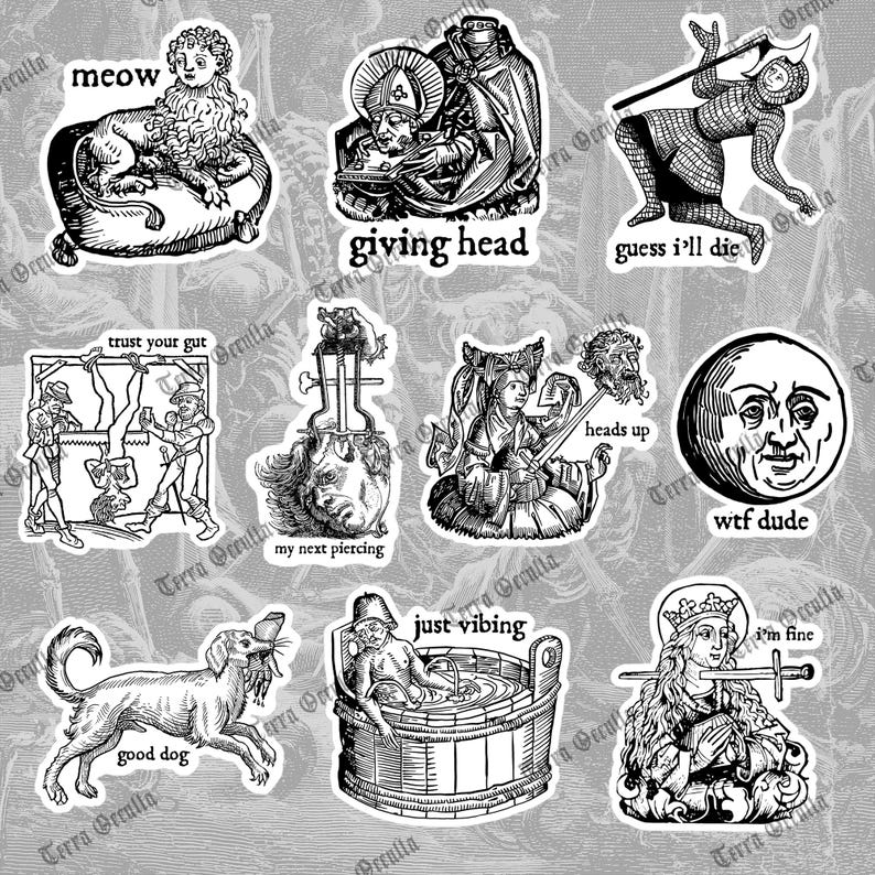 Sarcastic Middle Ages Sticker Set, Hand Drawn Medieval Woodcut Stickers ...