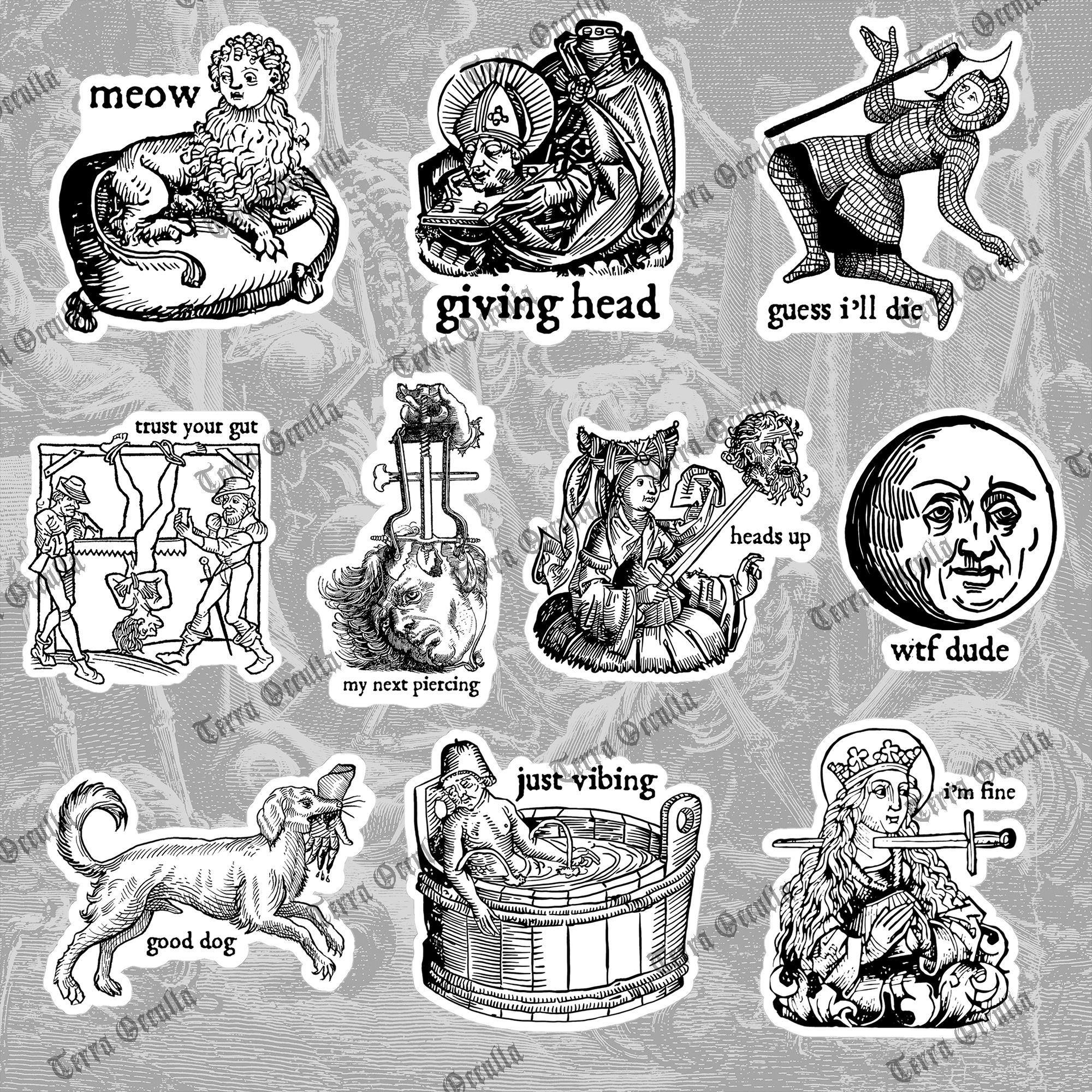 Sarcastic Middle Ages Sticker Set, Hand Drawn Medieval Woodcut Stickers ...