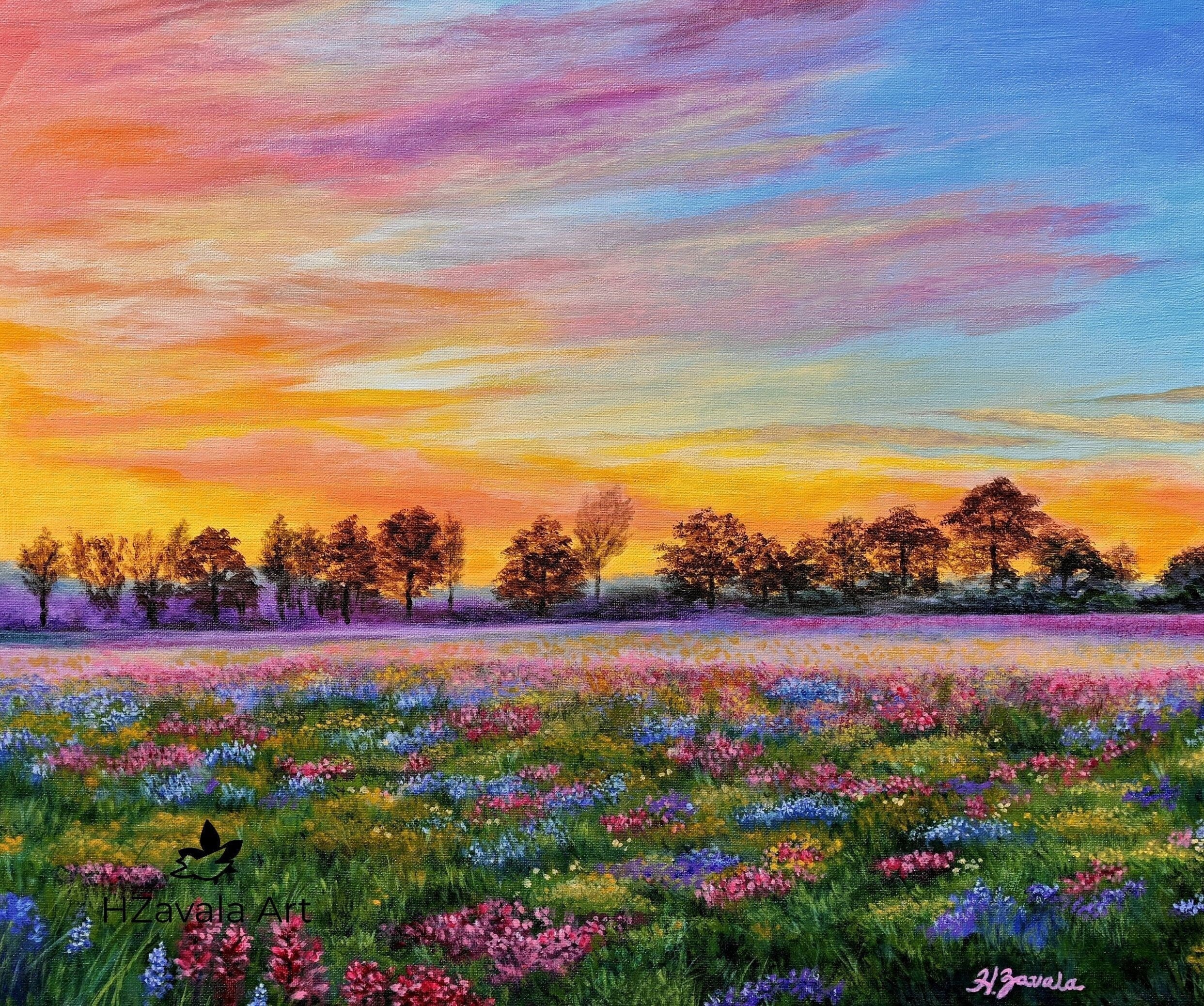 Colorful Sunset With Flower Field Art Print - Etsy