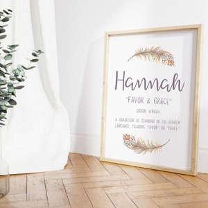 Hannah Name Meaning Sign, Biblical Name Definition Print, Boho Feather ...
