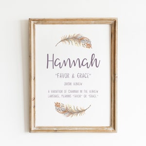 Hannah Name Meaning Sign, Biblical Name Definition Print, Boho Feather ...