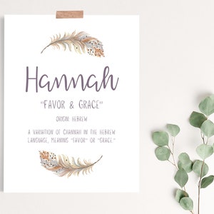 Hannah Name Meaning Sign, Biblical Name Definition Print, Boho Feather ...