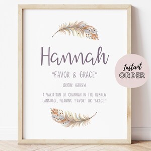Hannah Name Meaning Sign, Biblical Name Definition Print, Boho Feather ...