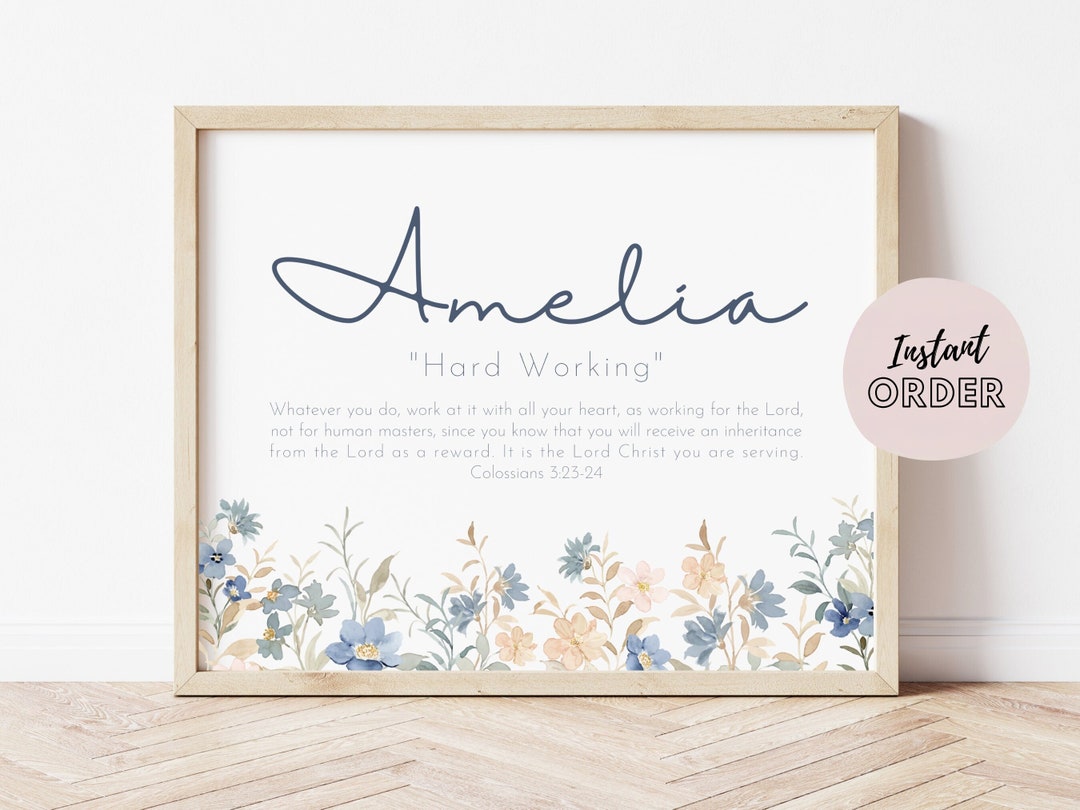 Amelia Name Meaning Sign, Biblical Name Definition Print, Floral Wall ...