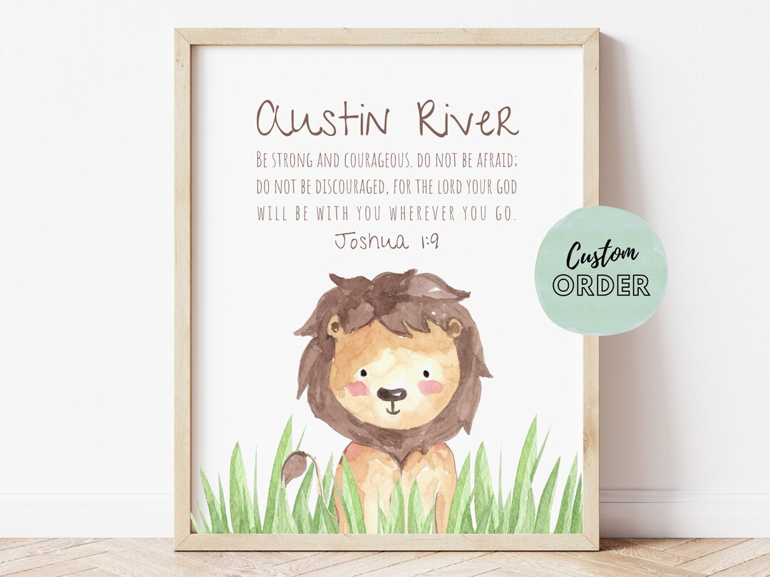 Custom Name Nursery Print, Joshua 1:9 Lion Printable, Bible Verse ...