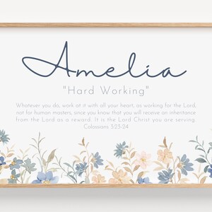 Amelia Name Meaning Sign, Biblical Name Definition Print, Floral Wall ...