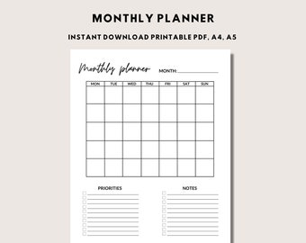 Printable Monthly Planner, Month at a Glance, Monthly Agenda ...