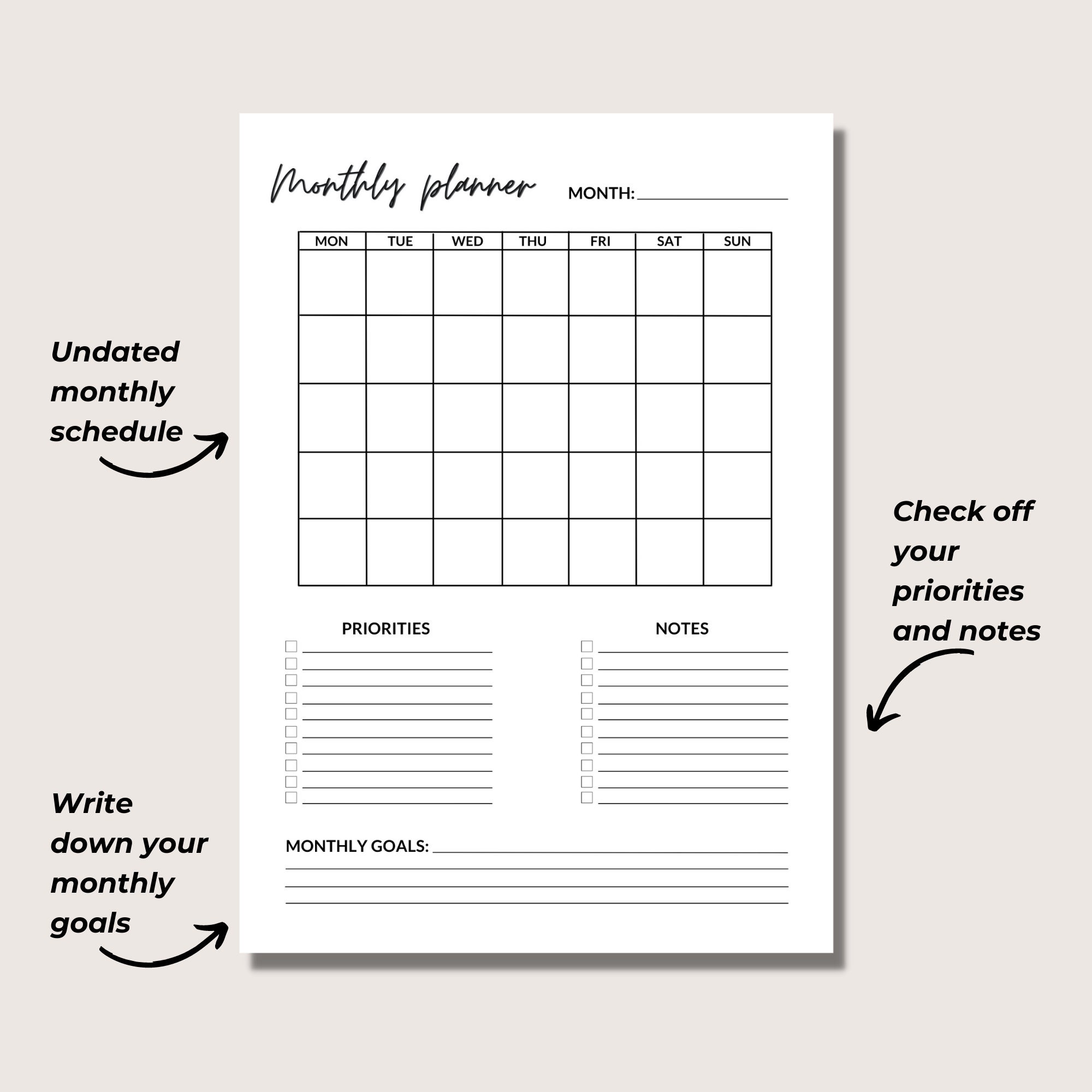 Monthly, Weekly & Daily Printable Planner, Simple and Easy Layout ...