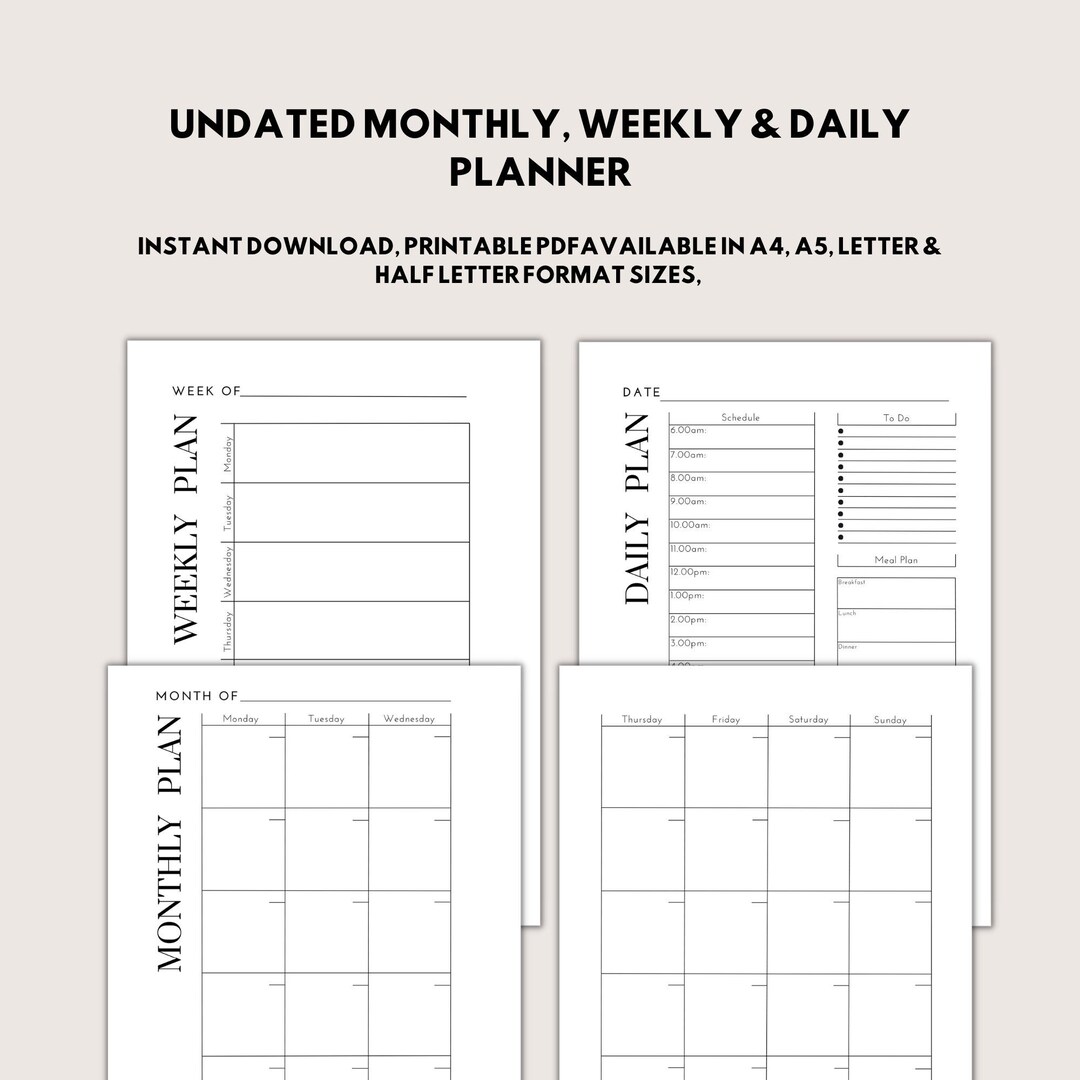 Undated Monthly, Weekly & Daily Printable Planner Bundle | Instant ...
