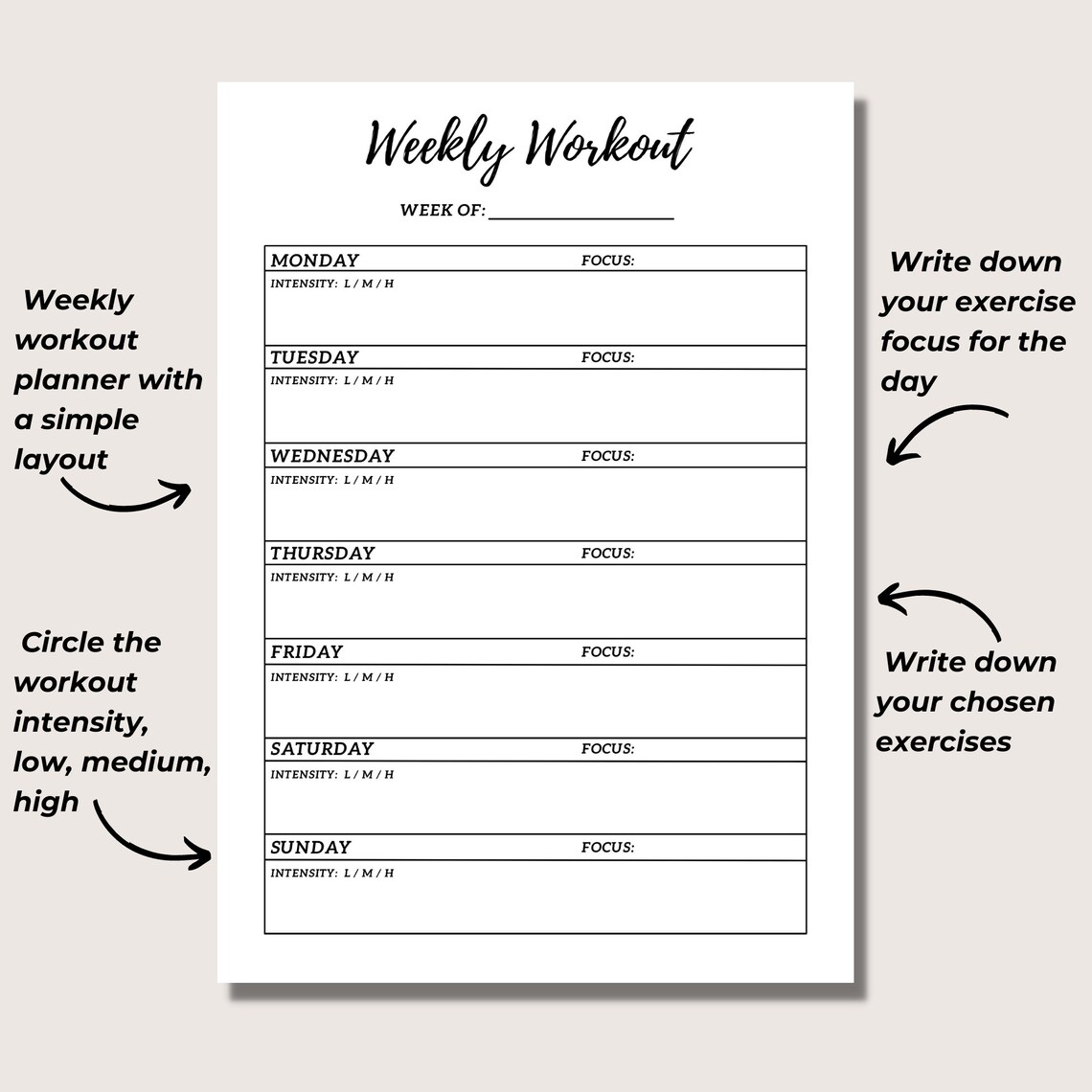 Weekly Fitness Planner Printable, Weekly Exercise Tracker, Exercise ...