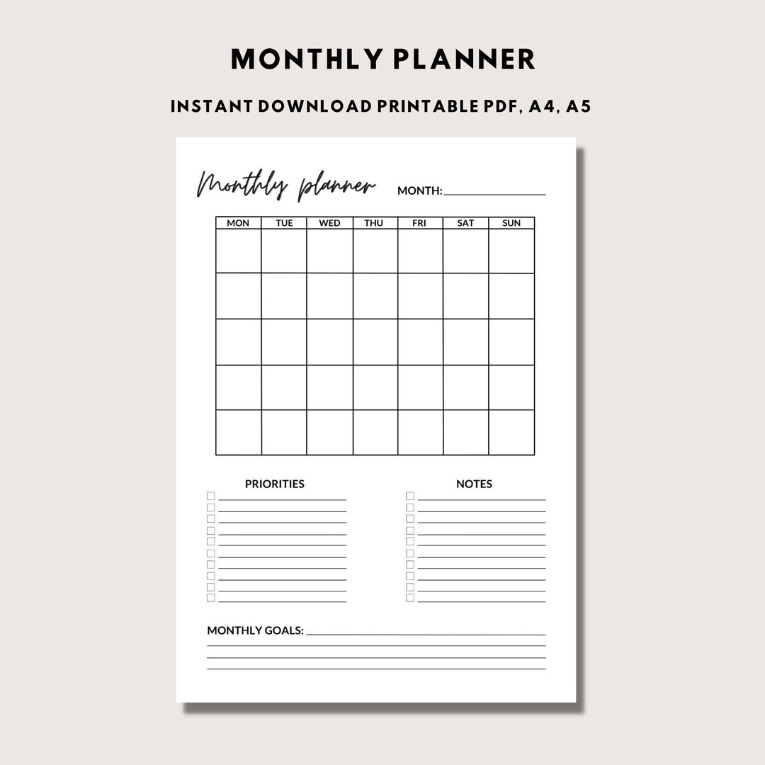 Printable Monthly Planner, Undated Monthly Planner, Month at a Glance ...