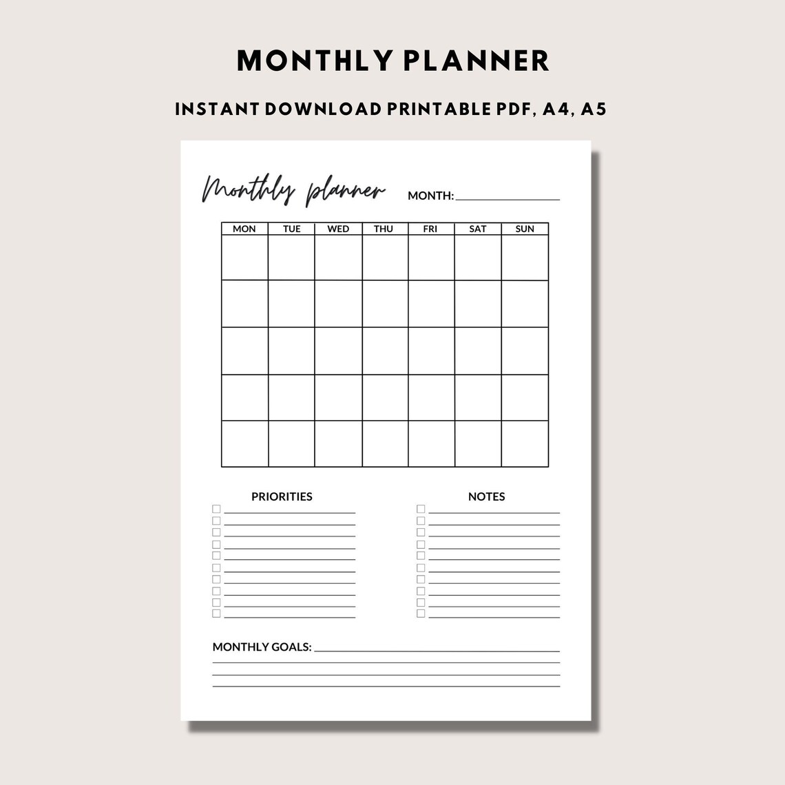 Printable Monthly Planner, Undated Monthly Planner, Month at a Glance ...