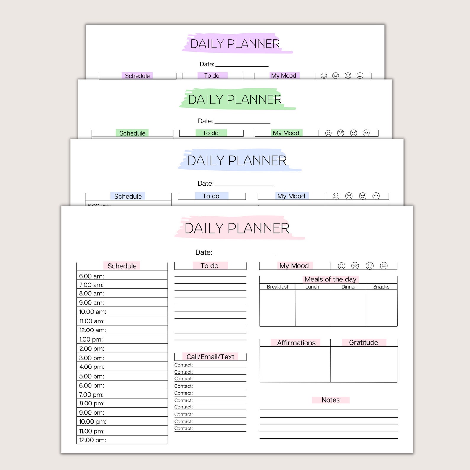 Horizontal Daily Planner Printable, Pastel Colours, Printable PDF ...