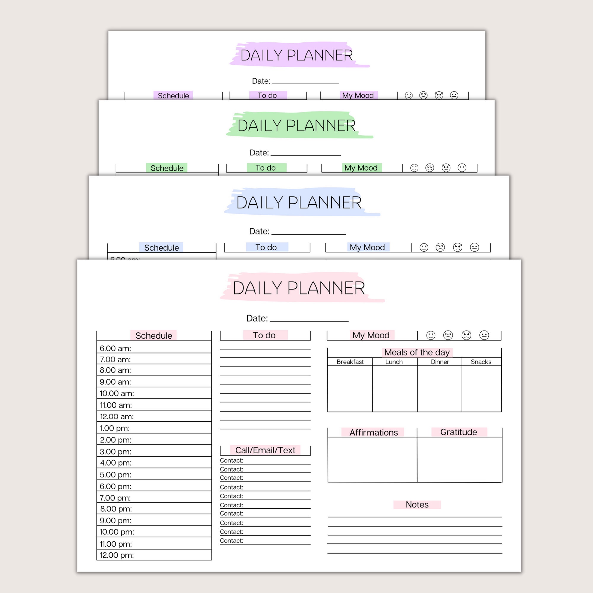 Horizontal Daily Planner Printable, Pastel Colours, Printable PDF ...