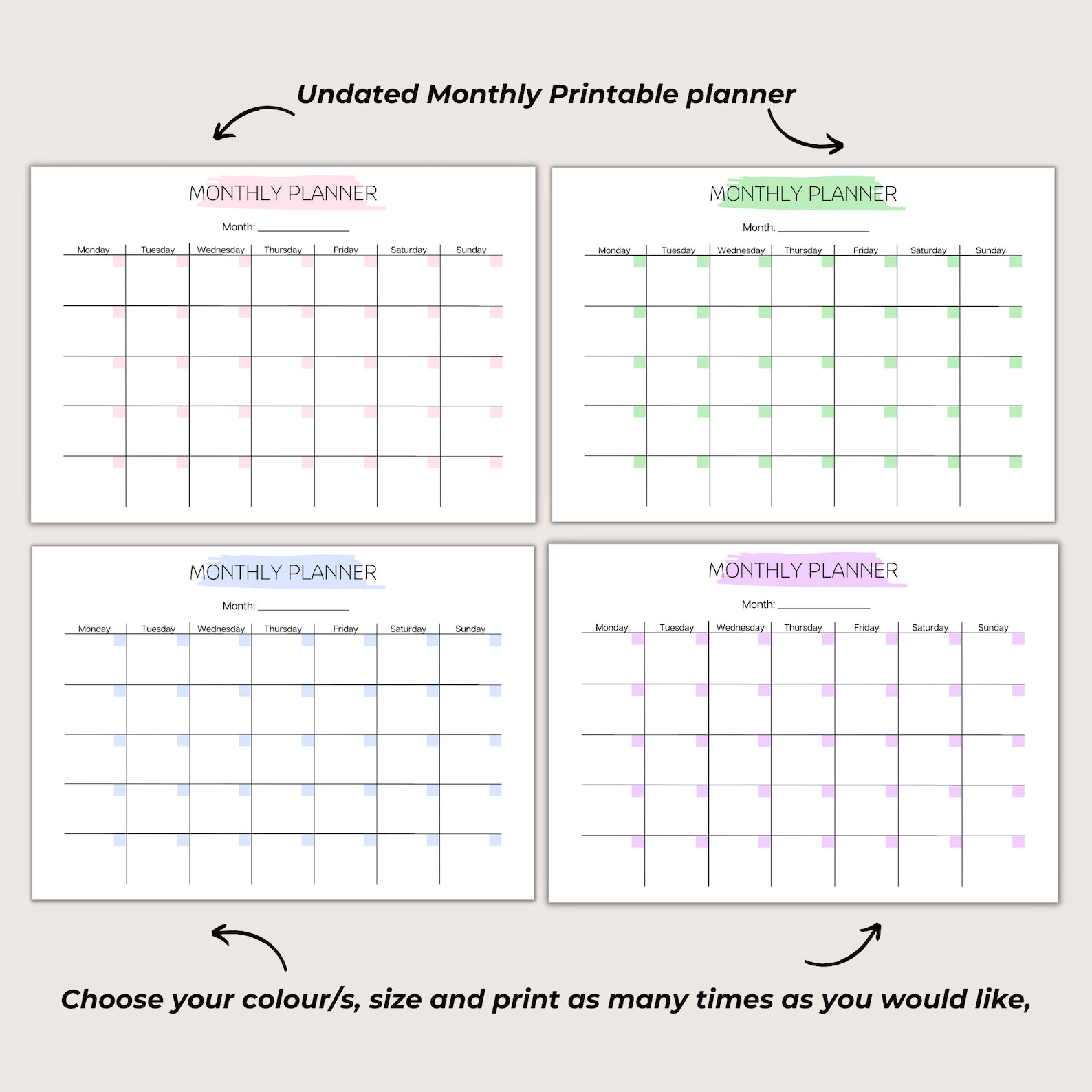 Undated Horizontal Monthly Planner, Monthly Calendar, Printable ...
