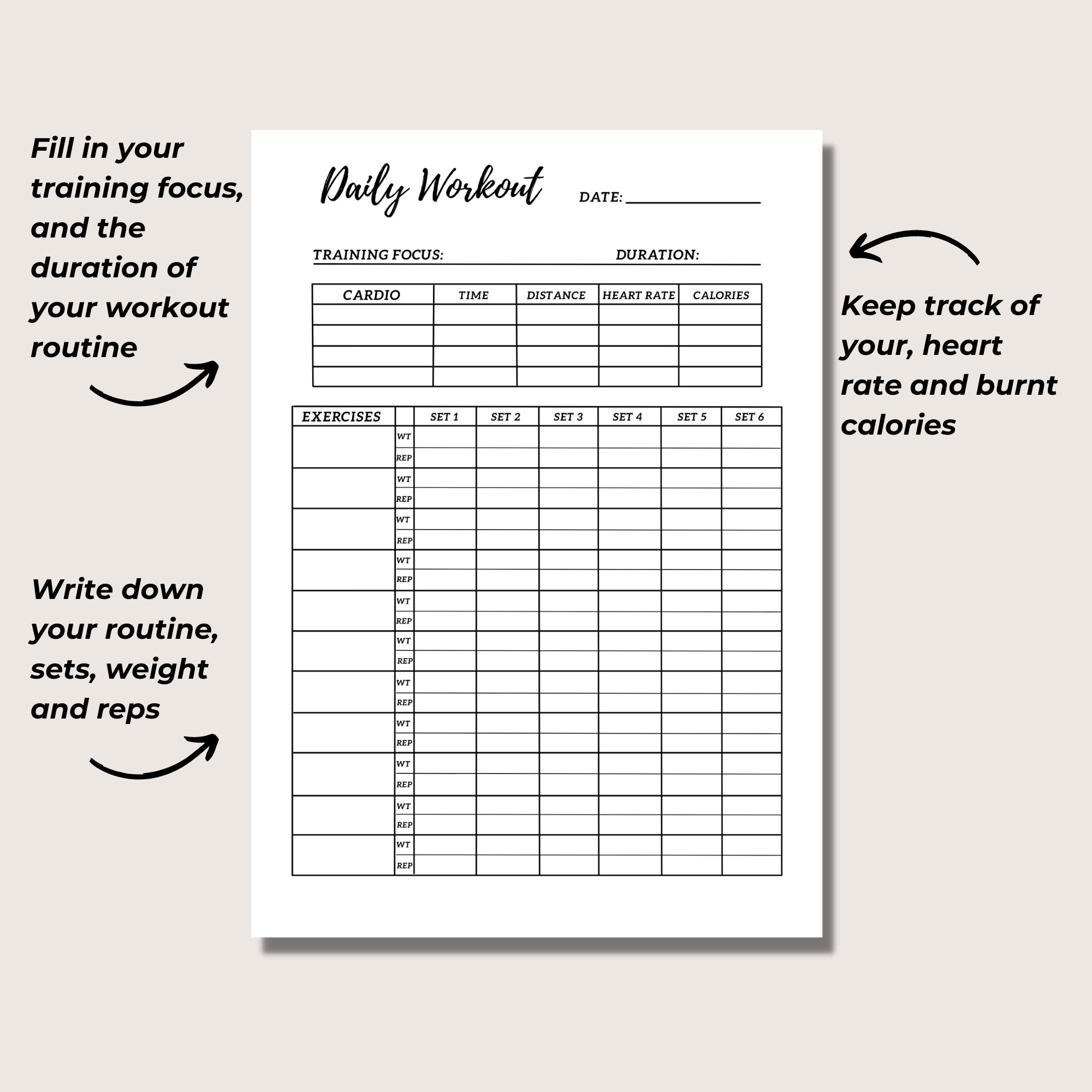Workout Tracker Printable, Daily Workout Plan Printable, Gym Training ...