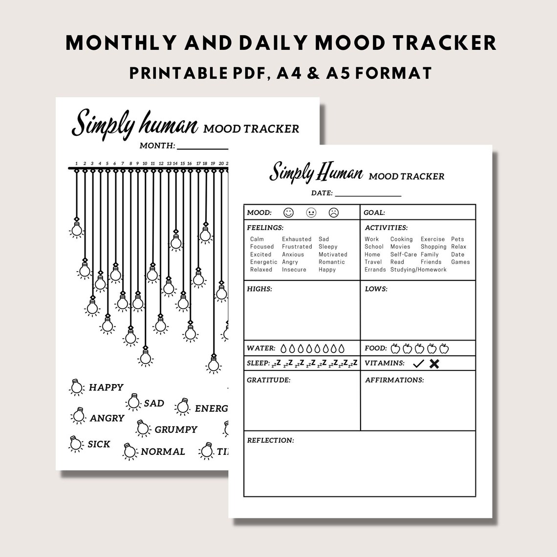 Mood Tracker, Monthly Mood Tracker, Daily Mood Tracker, Daily Self-care ...