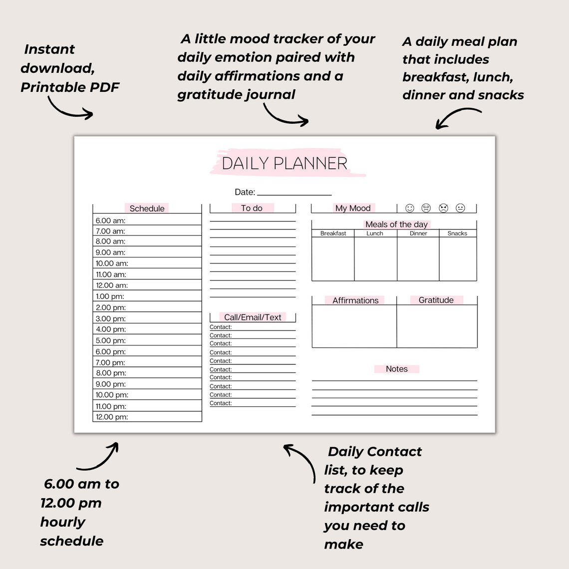 Horizontal Daily Planner Printable, Pastel Colours, Printable PDF ...