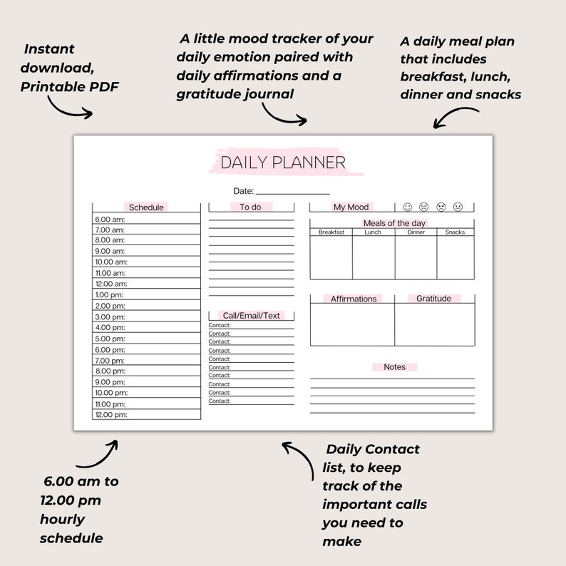 Horizontal Daily Planner Printable, Pastel Colours, Printable PDF ...