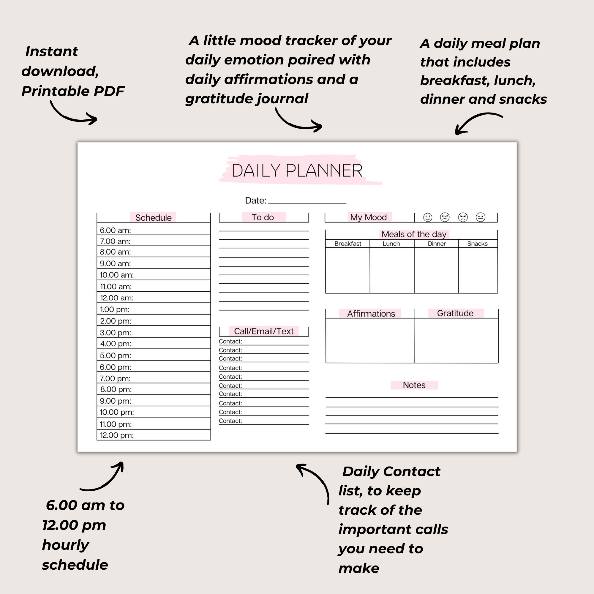 Horizontal Daily Planner Printable, Pastel Colours, Printable PDF ...
