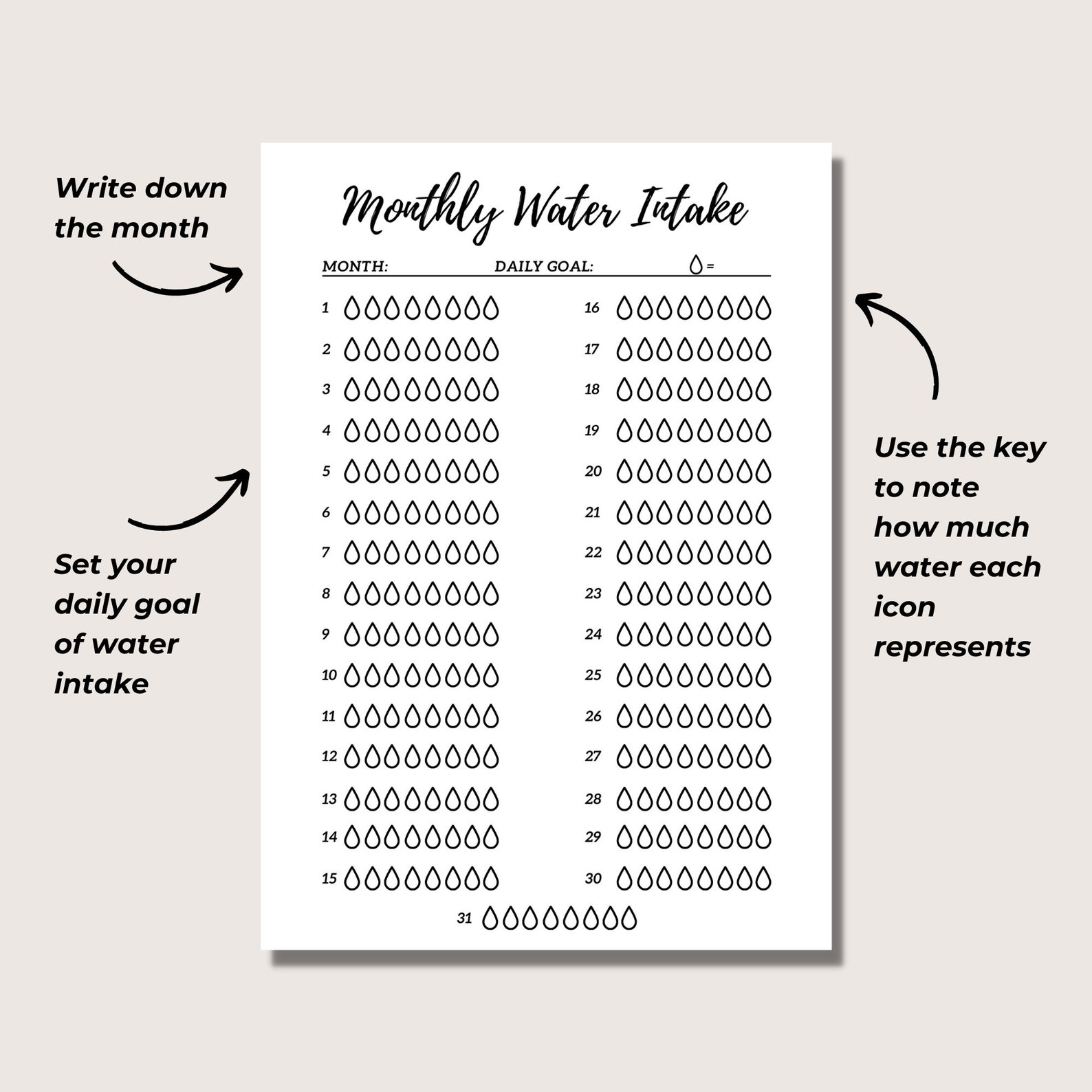 Water Intake Tracker, Monthly Water Tracker, Water Tracker Printable ...