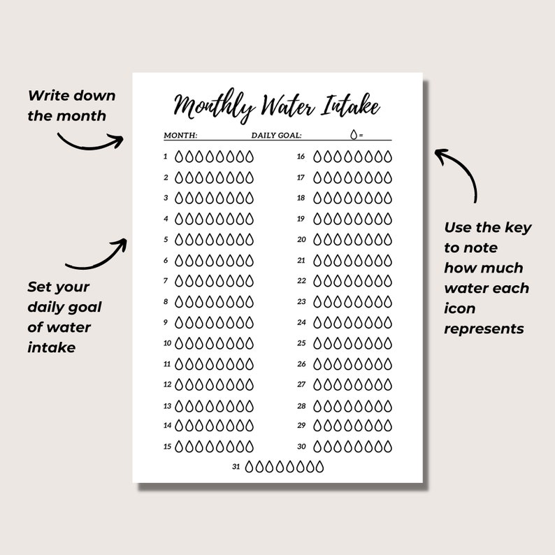 Water Intake Tracker, Monthly Water Tracker, Water Tracker Printable ...