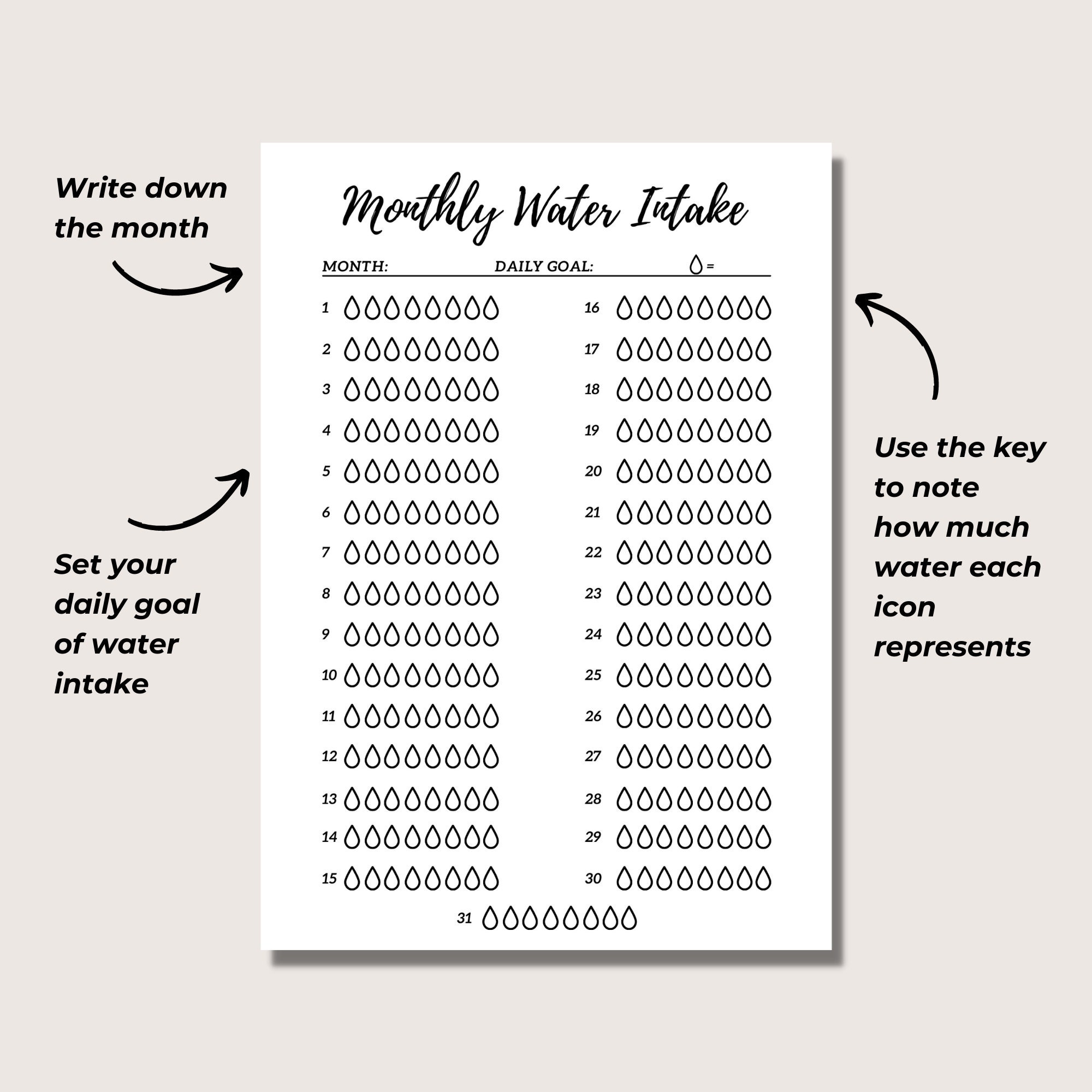 Water Intake Tracker, Monthly Water Tracker, Water Tracker Printable ...