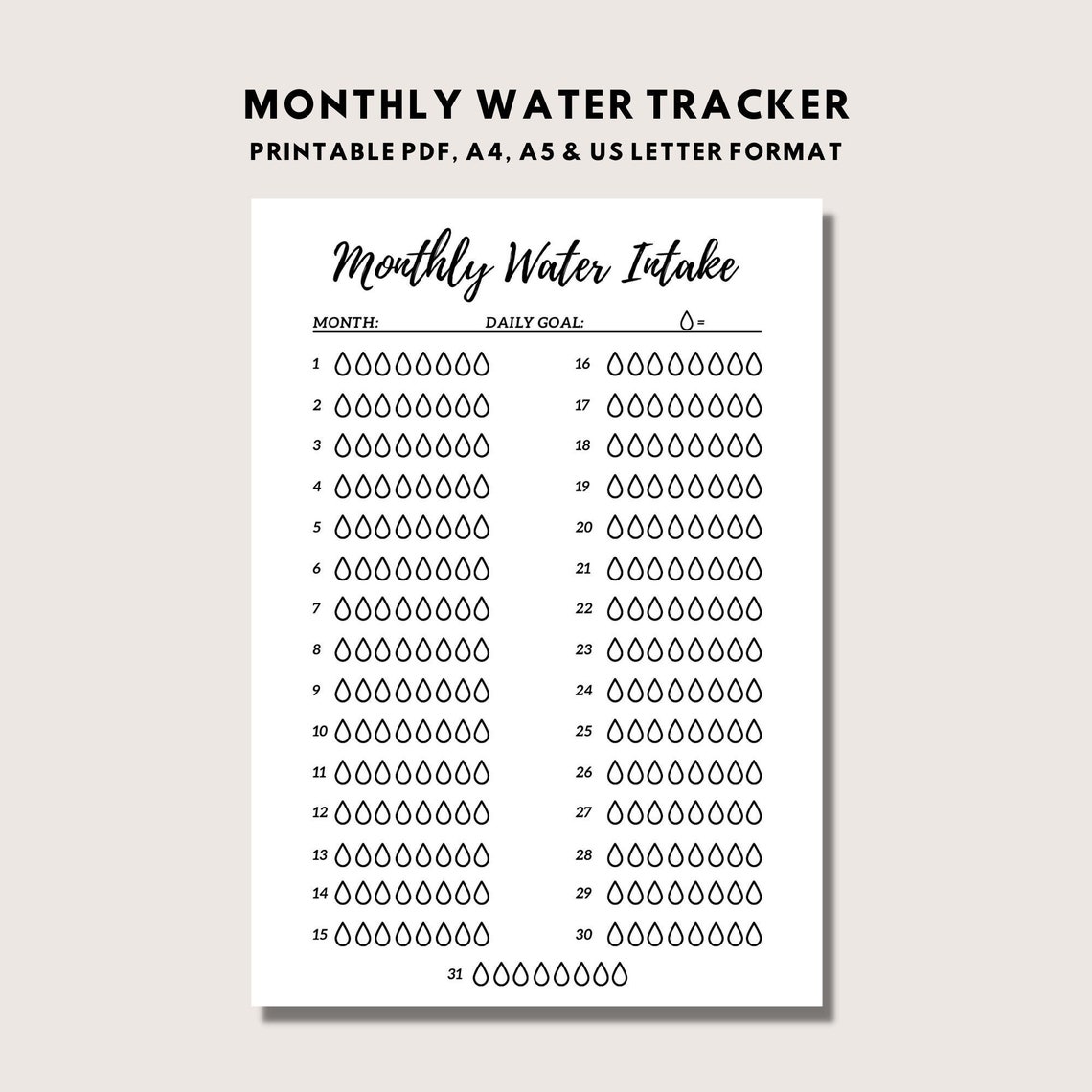 Water Intake Tracker, Monthly Water Tracker, Water Tracker Printable ...