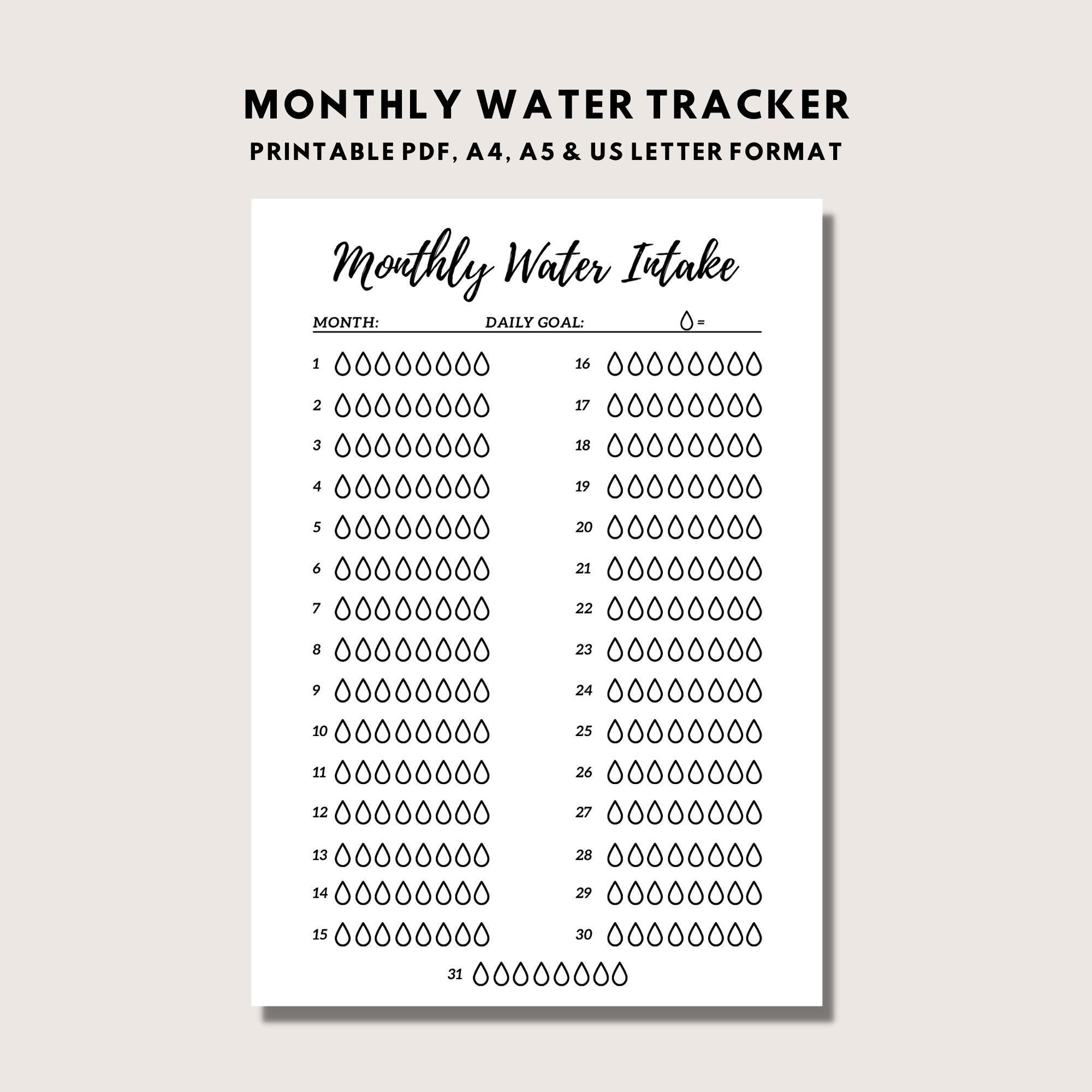 Water Intake Tracker, Monthly Water Tracker, Water Tracker Printable ...