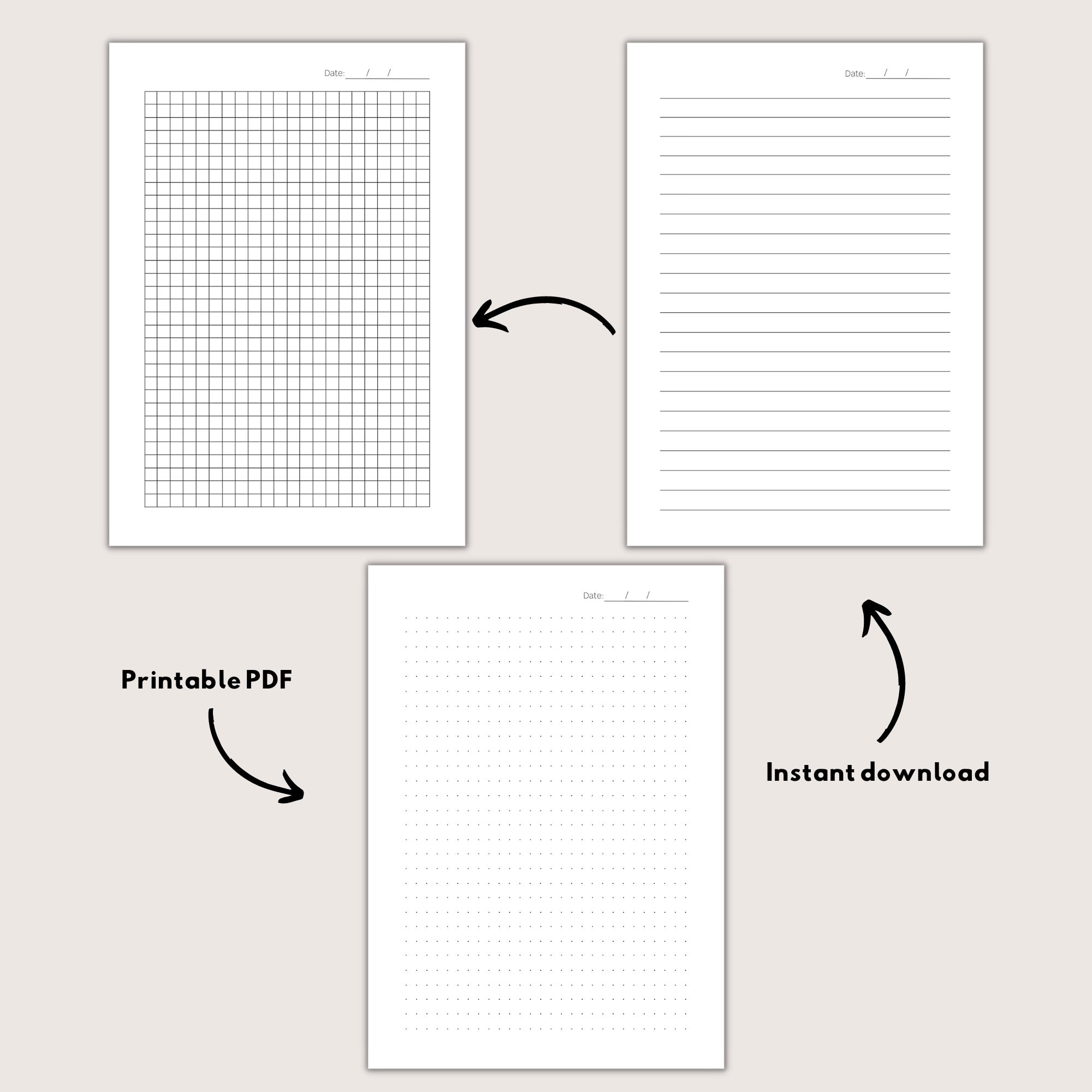Lined, Square Grid, Dot Grid Printable Pages With Edge, Date Space ...