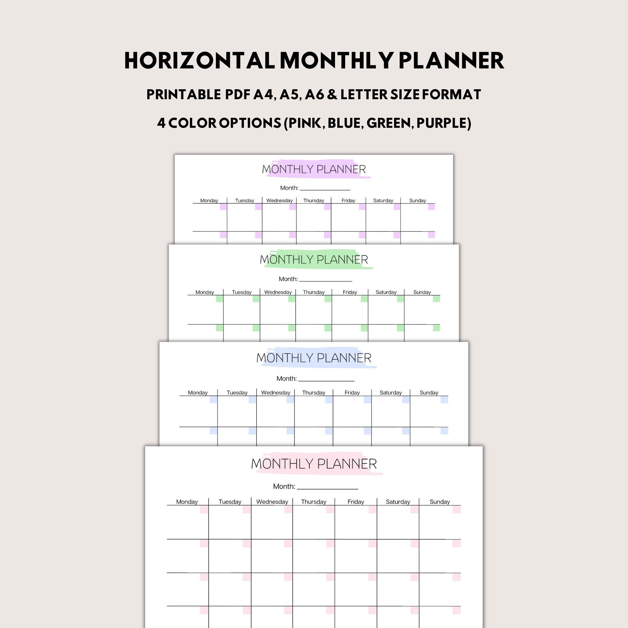 Undated Horizontal Monthly Planner, Monthly Calendar, Printable ...