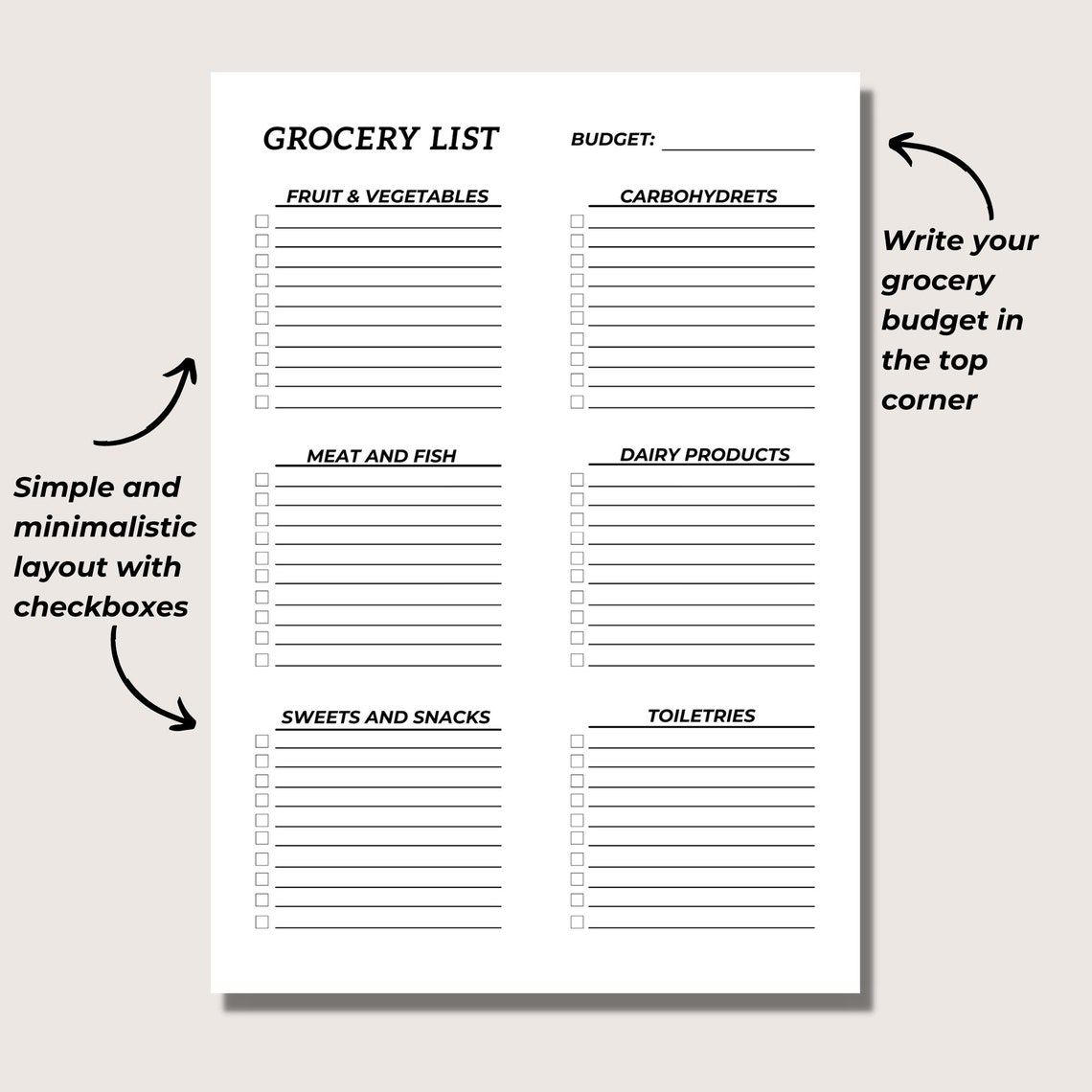 Printable Grocery Checklist, Fillable Shopping List PDF, Budget Grocery ...