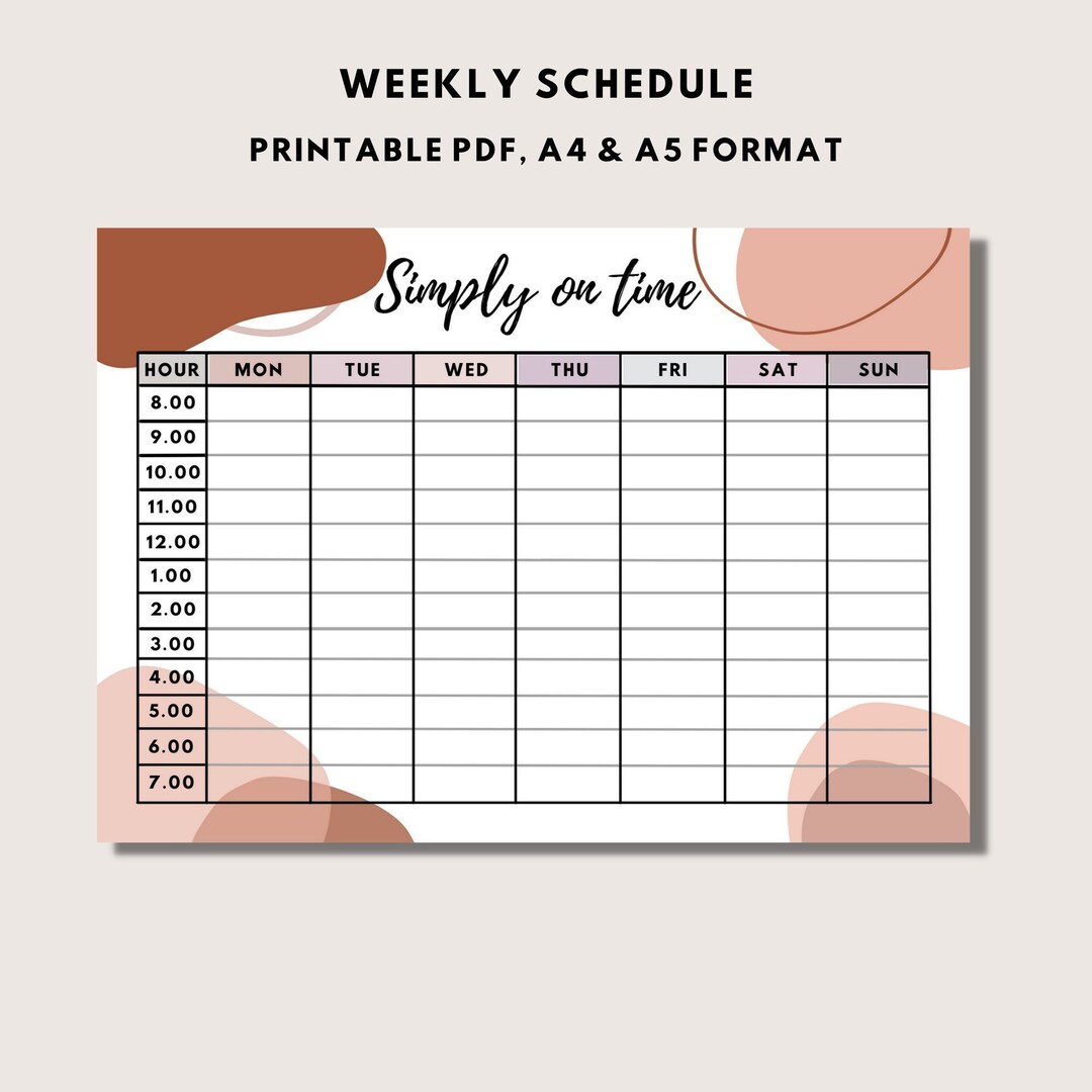 Simply on Time Hourly Schedule, Printable PDF, Instant Download ...