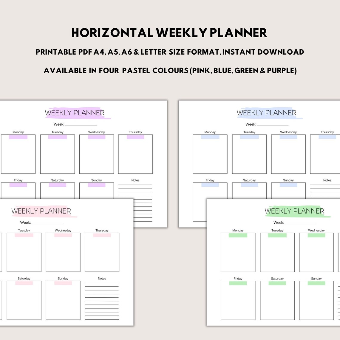 Horizontal Weekly Planner Printable Pastel Color Planner - Etsy