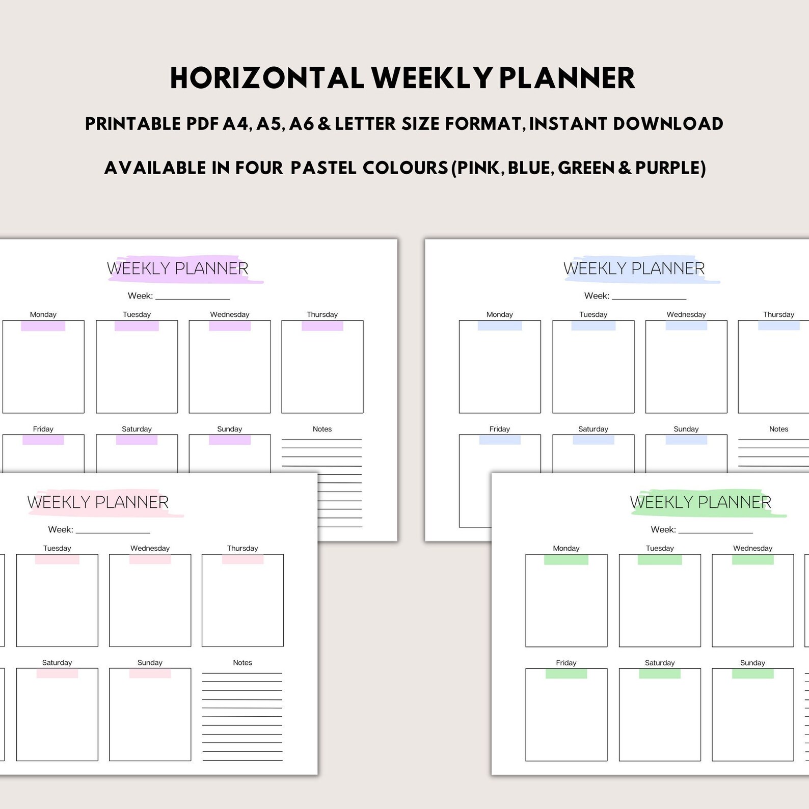 Horizontal Weekly Planner Printable Pastel Color Planner - Etsy