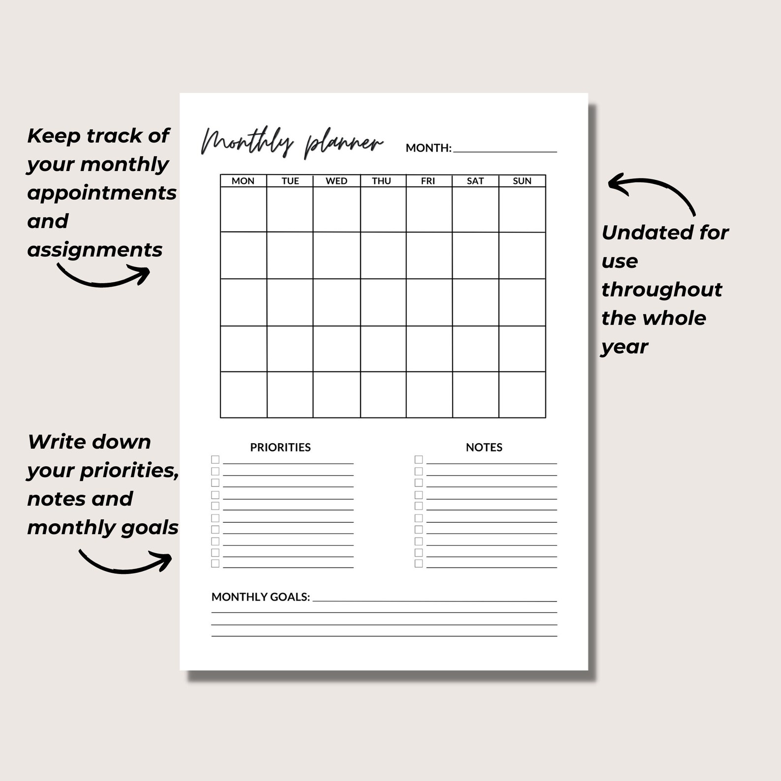 Printable Monthly Planner, Undated Monthly Planner, Month at a Glance ...