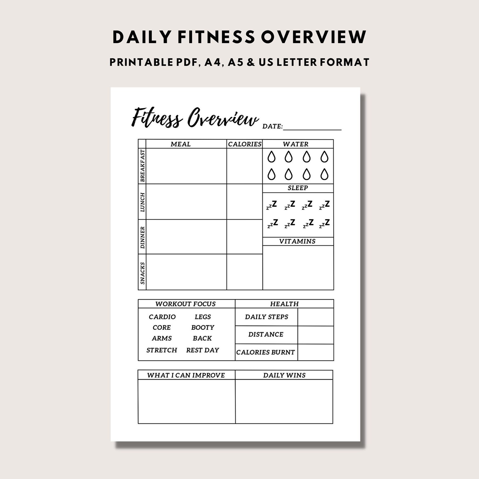Daily Fitness Overview, Fitness Tracker, Daily Health Log, Fitness ...