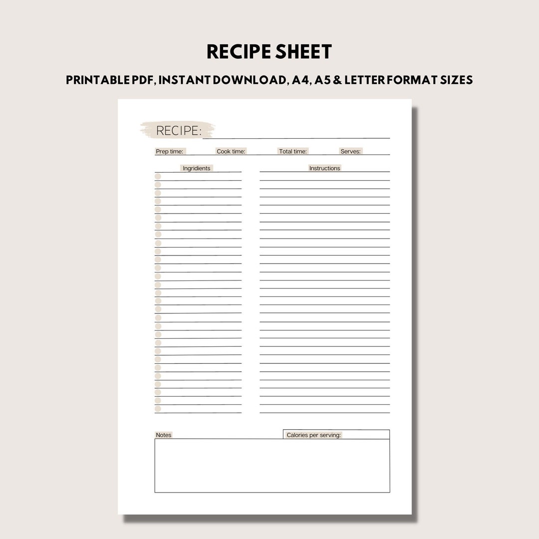 Recipe Sheet Template, Printable Cook Book , Food Planner Journal ...
