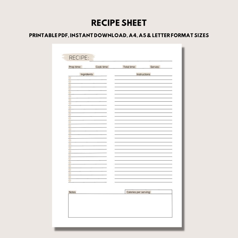 Recipe Sheet Template, Printable Cook Book , Food Planner Journal ...