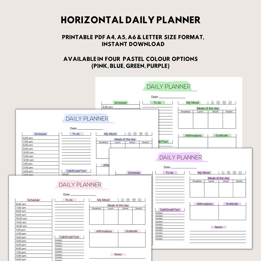 Horizontal Daily Planner Printable, Pastel Colours, Printable PDF ...