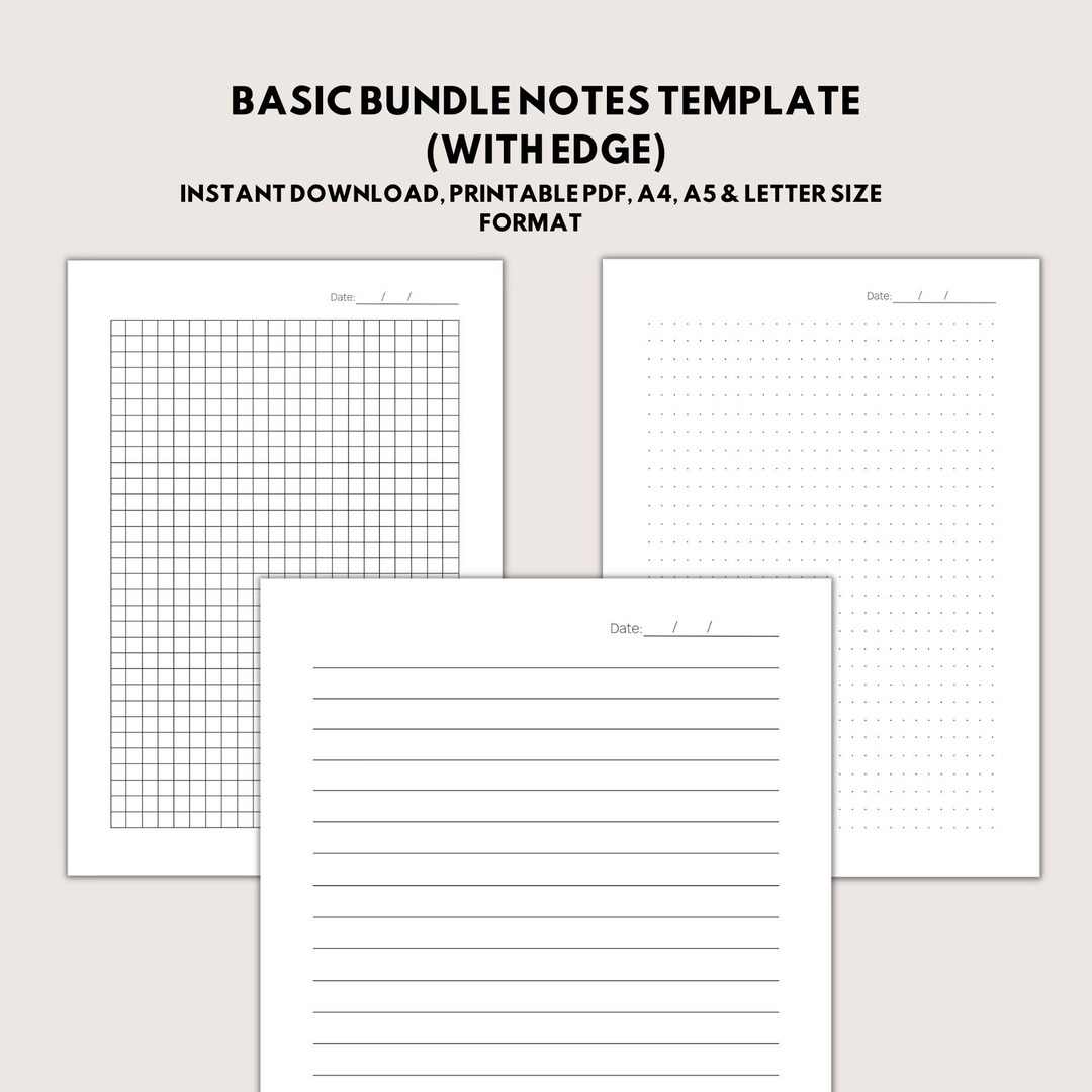 Lined, Square Grid, Dot Grid Printable Pages With Edge, Date Space ...
