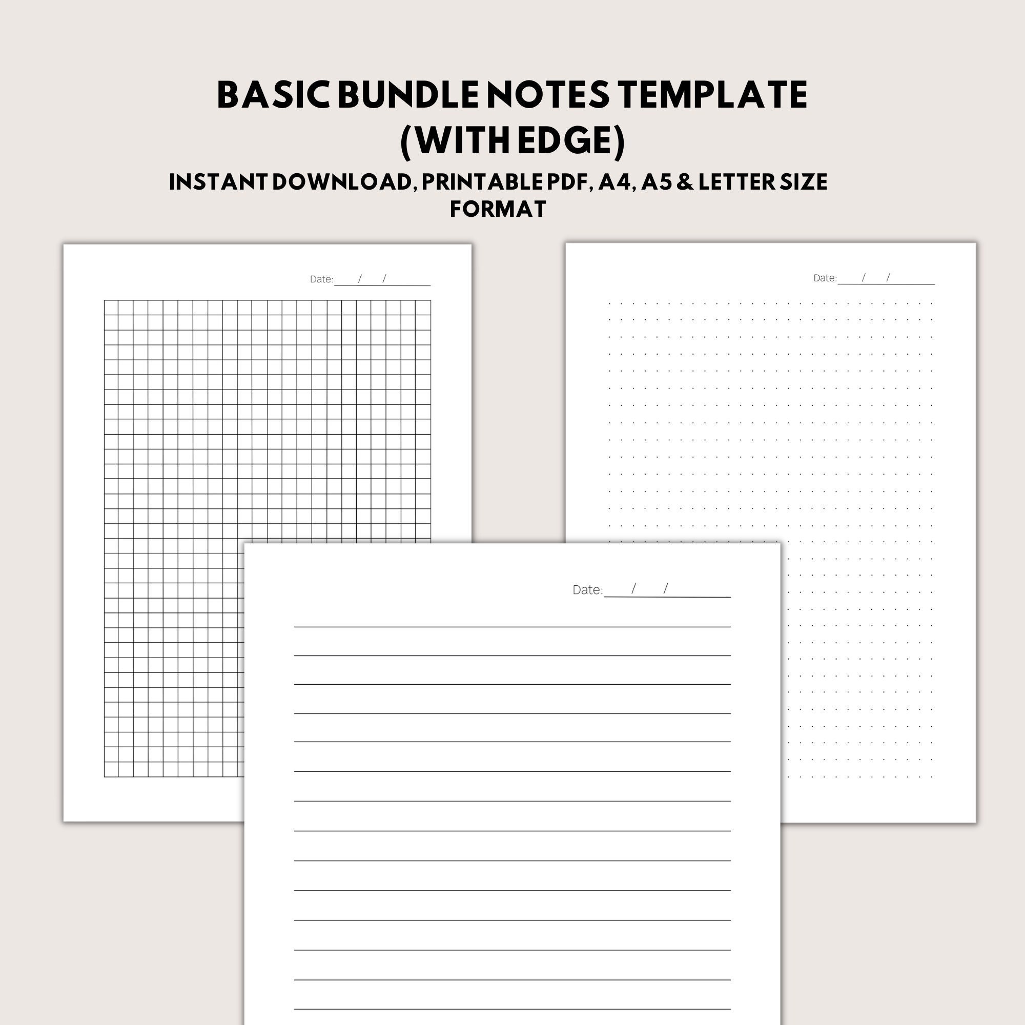Lined, Square Grid, Dot Grid Printable Pages With Edge, Date Space ...