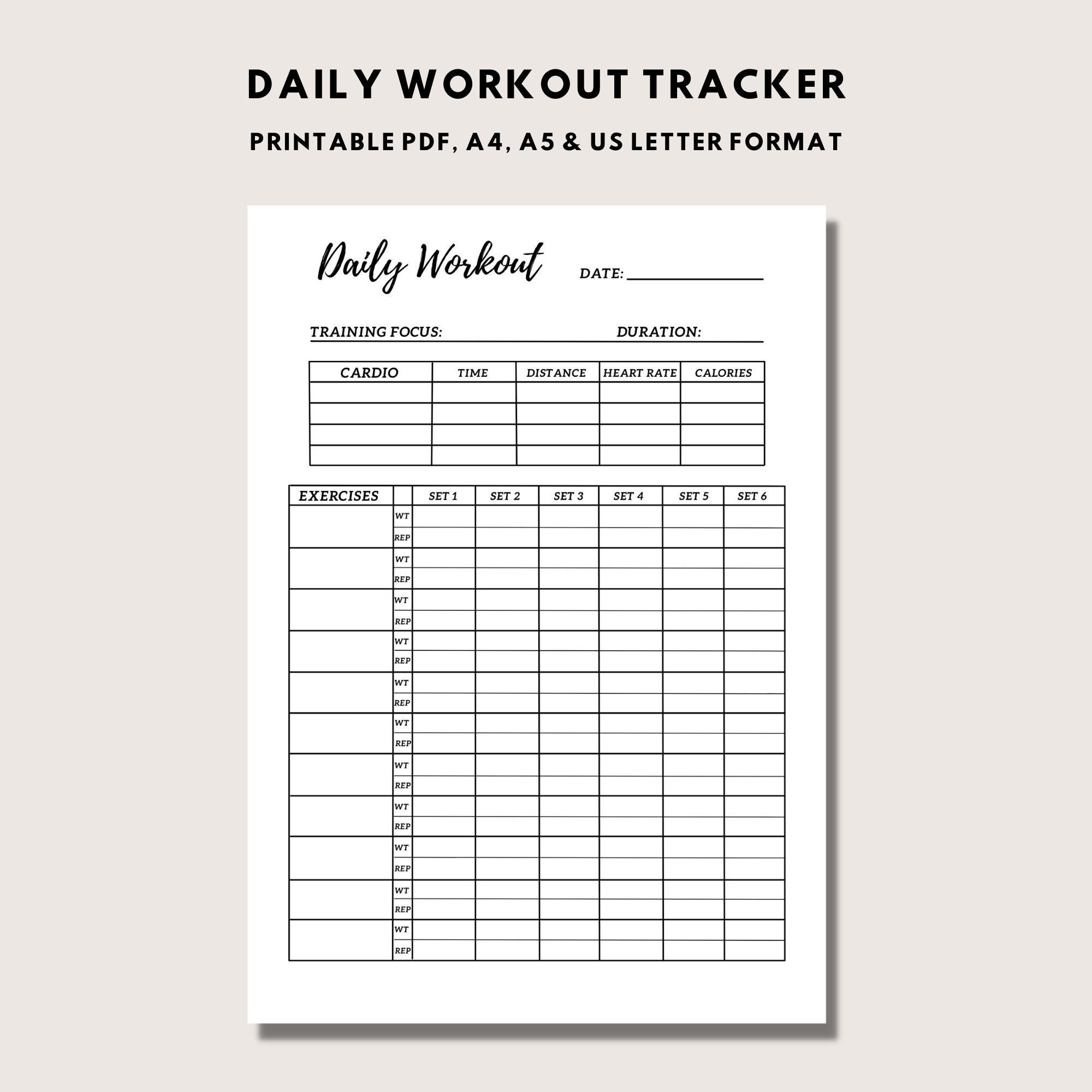 Workout Tracker Printable, Daily Workout Plan Printable, Gym Training ...