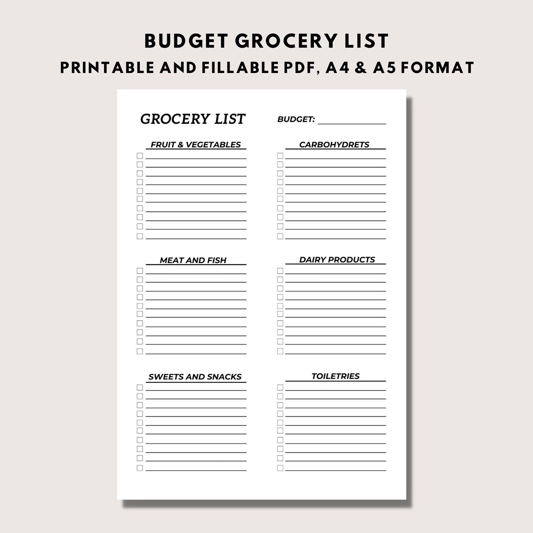 Printable Grocery Checklist, Fillable Shopping List PDF, Budget Grocery ...